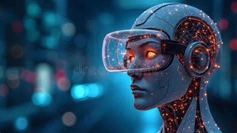 Futuristic Humanoid Robot With A Sleek Metallic Exterior And Glowing Orange Eyes Stock