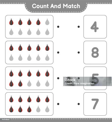 카운트와 매치 펀칭 백의 수를 계산하고 올바른 숫자와 일치시킵니다 교육 어린이 게임 인쇄 가능한 워크 시트 벡터 일러스트 레이 션 0명에 대한 스톡 벡터 아트 및 기타