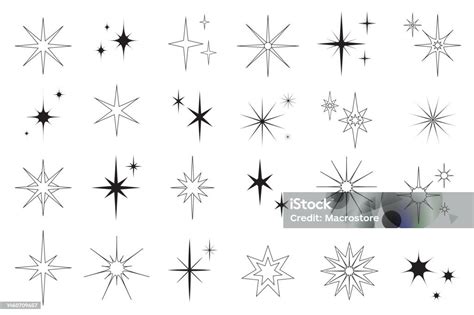 라인 스타는 평면 디자인의 그래픽 요소를 설정합니다 별이 빛나는 밤 떨어지는 별 하늘의 불꽃놀이 크리스마스 장식의 미니멀리즘 선형 검은색 기호 묶음 벡터 그림 격리 된 개체