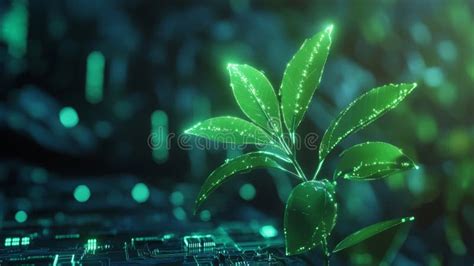 Glowing Plant Growing From Futuristic Circuit Board Symbolizing Green Technology Stock