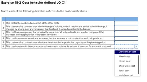 Solved Exercise 18 2 Cost Behavior Defined Lo C1 Match Each