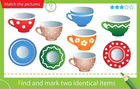 동일한 두 항목을 찾아 표시합니다 아이들을위한 퍼즐 일치하는 게임 아이들을위한 교육 게임 요리의 색상 이미지 컵과 접시 미취학 아동용 워크시트 0명에 대한 스톡 벡터 아트