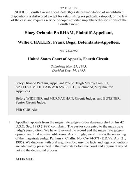Stacy Orlando Parham V Willie Challis Frank Bega 72 F 3d 127 4th Cir 1995 Pdf Politics