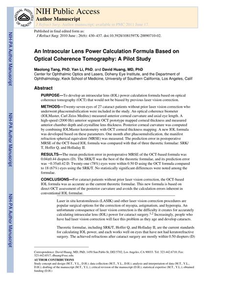 Pdf An Intraocular Lens Power Calculation Formula Based On Optical