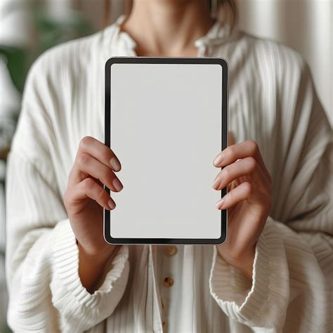 Premium Photo A Woman Shows A Blank Tablet Screen AI Generate Illustration