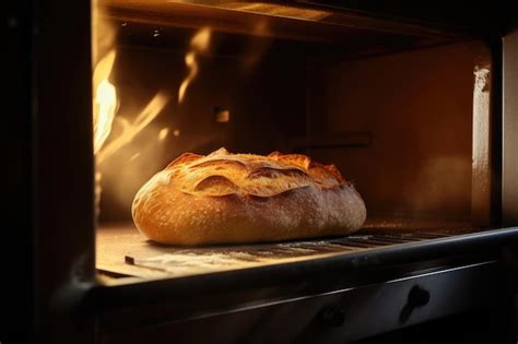 Premium Ai Image Bread Baking In Oven With Golden Crust And Warm Interior Visible Created With