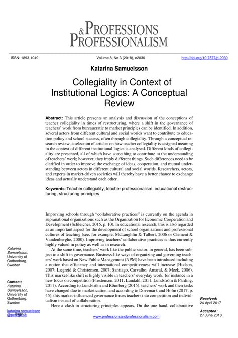 Pdf Teacher Collegiality In Context Of Institutional Logics A Conceptual Literature Review