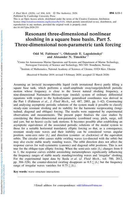 Pdf Resonant Three Dimensional Nonlinear Sloshing In A Square Base
