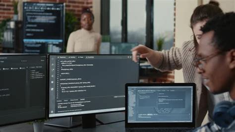 Software Developers Celebrating Successful Code Compiling Doing High Five Hand Gesture Stock