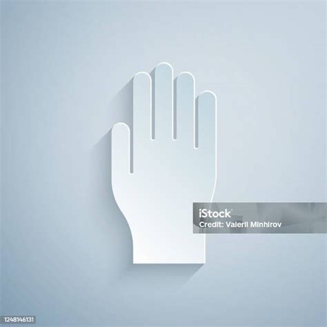 종이 컷 의료 고무 장갑 아이콘 회색 배경에 격리 보호 고무 장갑 종이 아트 스타일입니다 벡터 일러스트레이션 3차원 형태에 대한 스톡 벡터 아트 및 기타 이미지 Istock