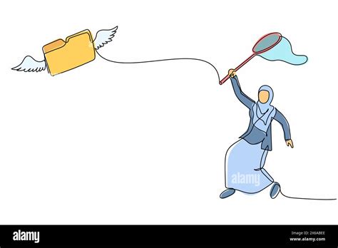 Continuous One Line Drawing Arabian Businesswoman Try To Catching Flying Folder With Butterfly