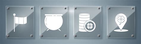 위치와 네잎 클로버 네잎 클로버가 있는 금화 마녀 가마솥 아일랜드 국기를 설정합니다 정사각형 유리 패널 벡터 4가지 개체에 대한 스톡 벡터 아트 및 기타 이미지 Istock