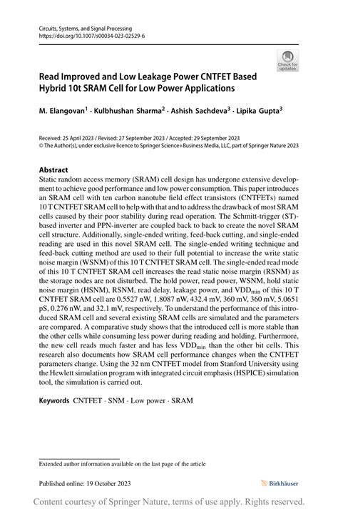Read Improved And Low Leakage Power Cntfet Based Hybrid 10t Sram Cell For Low Power Applications