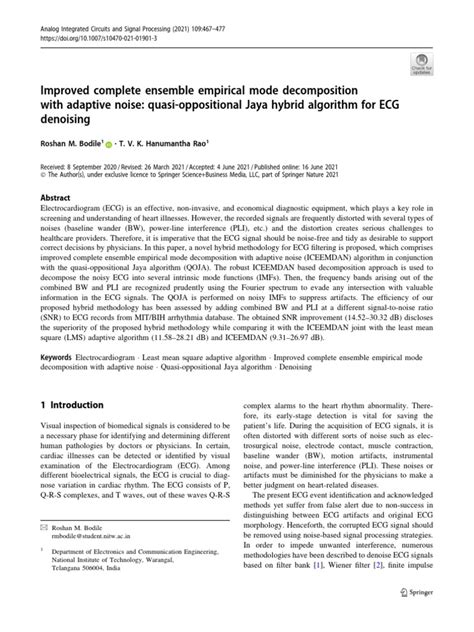 Improved Complete Ensemble Empirical Mode Decomposition Using Jaya Hybrid Pdf Signal To