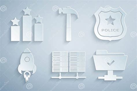 Set Server Data Web Hosting Police Badge Rocket Ship With Fire Ftp