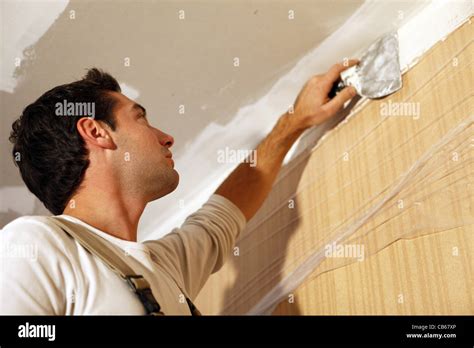 Man Putting Up A Plasterboard Ceiling Stock Photo Alamy