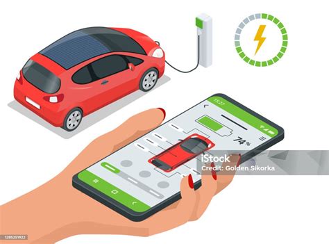 전기 자동차 충전의 등극 개념 충전 관리를위한 모바일 응용 프로그램 자동차 연료 관리자 스마트 폰 인터페이스 하이 앵글에 대한 스톡 벡터 아트 및 기타 이미지 Istock