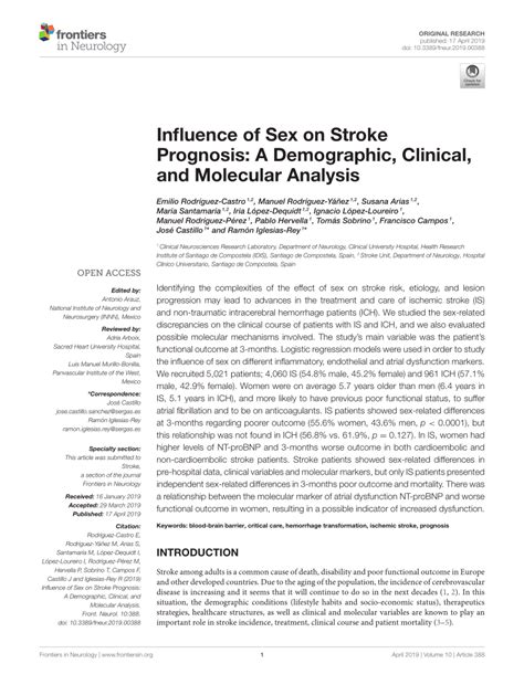 Pdf Influence Of Sex On Stroke Prognosis A Demographic Clinical And Molecular Analysis