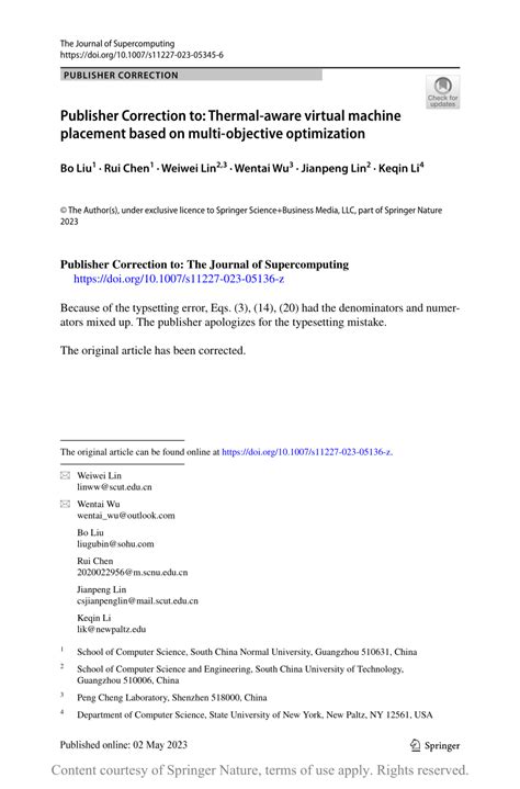 Publisher Correction To Thermalaware Virtual Machine Placement Based On Multiobjective