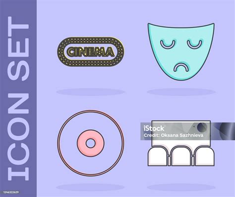 화면과 좌석 시네마 포스터 디자인 템플릿 Cd 또는 Dvd 디스크와 드라마 연극 마스크 아이콘 시네마 강당을 설정합니다 벡터