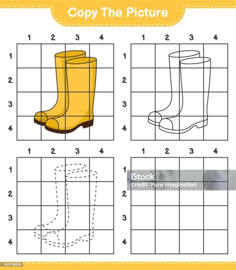 그림을 복사하고 격자를 사용하여 고무 부츠의 그림을 복사하십시오 교육 어린이 게임 인쇄 가능한 워크 시트 벡터 일러스트 레이 션