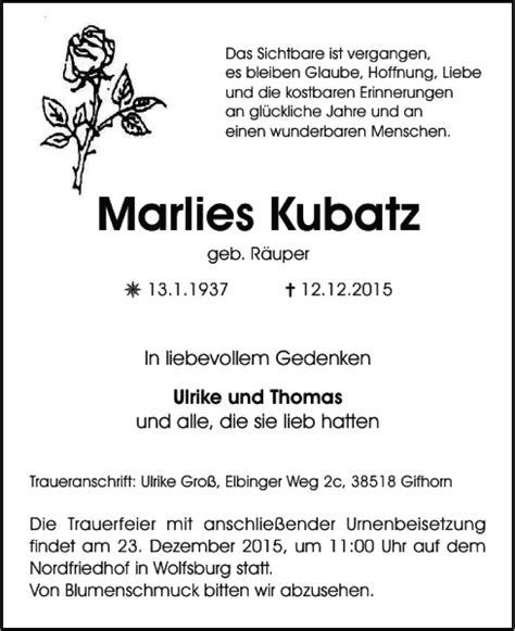 Traueranzeigen Von Marlies Kubatz Trauer38de