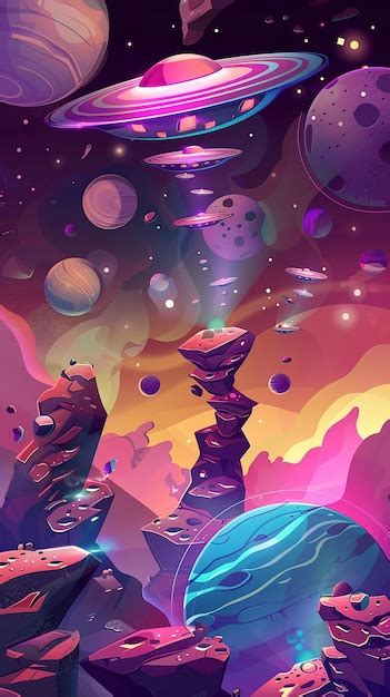 Premium Photo Space Game Level Map With Ufo Saucer Fly Over