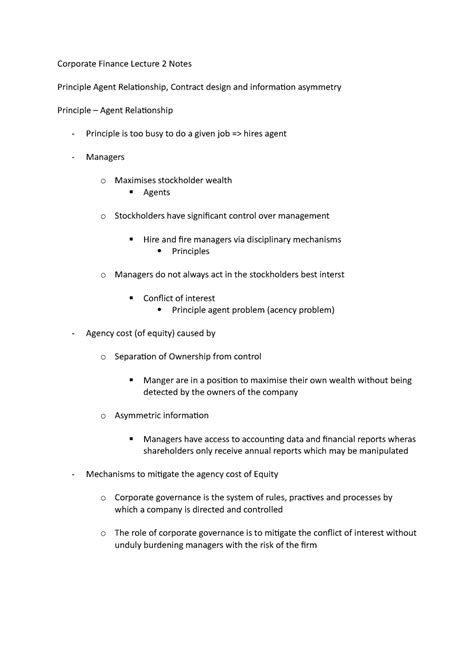 Corporate Finance Lecture 2 Notes Corporate Finance Lecture 2 Notes Principle Agent