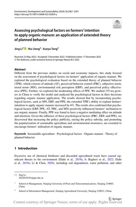 Assessing Psychological Factors On Farmers Intention To Apply Organic Manure An Application Of