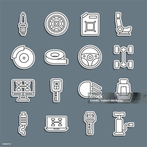 세트 라인 자동차 공기 펌프 좌석 섀시 자동차 가솔린 캐니스터 스카치 테이프 캘리퍼가 있는 브레이크 디스크 점화 플러그 및 스티어링 휠 아이콘 벡터 가장자리에 대한 스톡