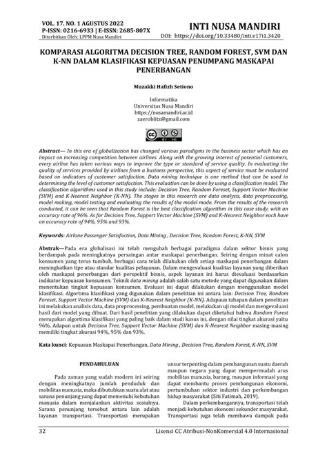 Pdf A Komparasi Algoritma Decision Tree Random Forest Svm Dan K Nn