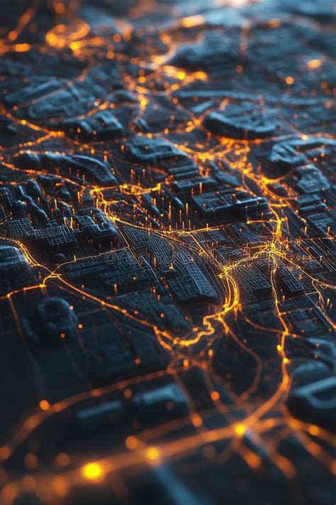 A Detailed 3d Gis Map Of Metropolitan Areas With Glowing Pathways Stock Illustration