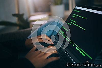 Developer Hands Code Overlay And Laptop Typing With Cybersecurity
