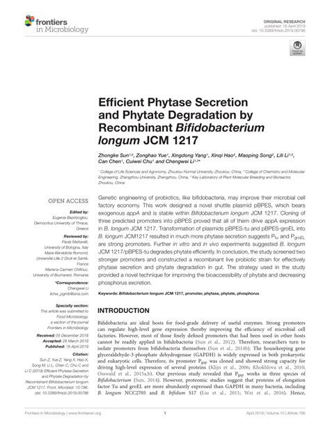 Pdf Efficient Phytase Secretion And Phytate Degradation By Recombinant Bifidobacterium Longum