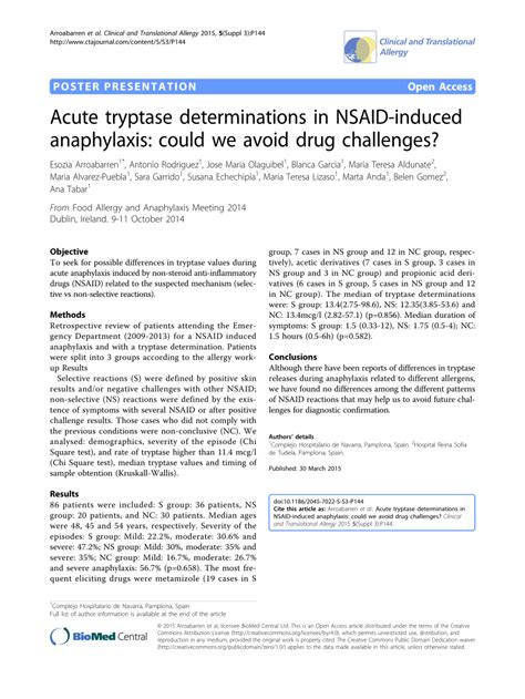 Pdf Acute Tryptase Determinations In Nsaid Induced Anaphylaxis Could We Avoid Drug Challenges