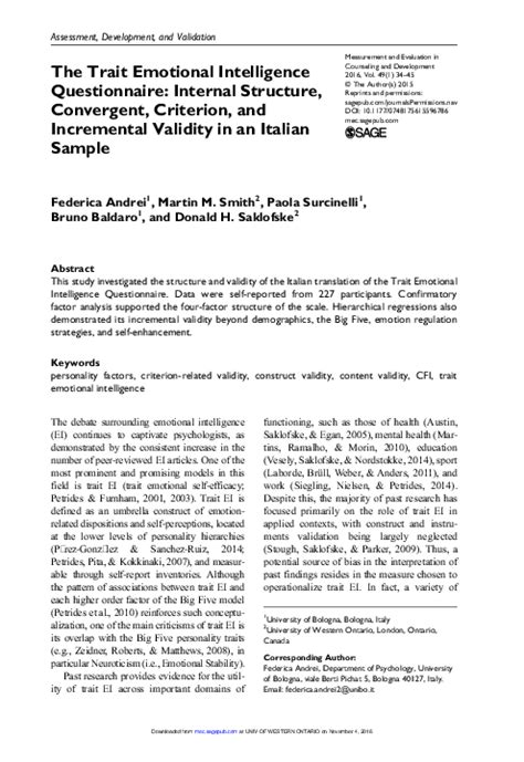 Pdf The Trait Emotional Intelligence Questionnaire Internal Structure Convergent Criterion