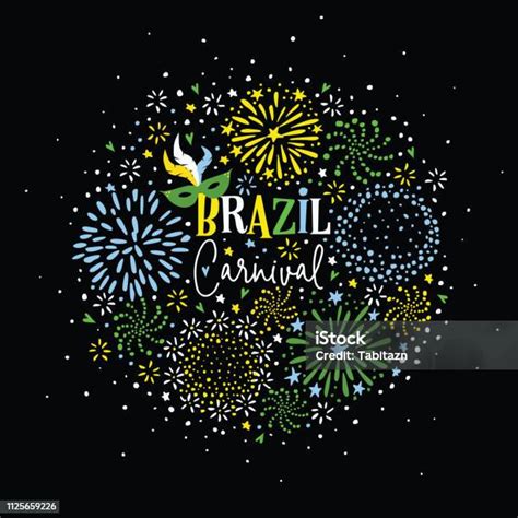 브라질 카니발 파티 인사말 카드 초대장입니다 세트의 손으로 그려진된 녹색 노란색과 파란색 불꽃 별 및 손으로 글자 텍스트 검은 배경으로 스파크 축 하 개념입니다 현대