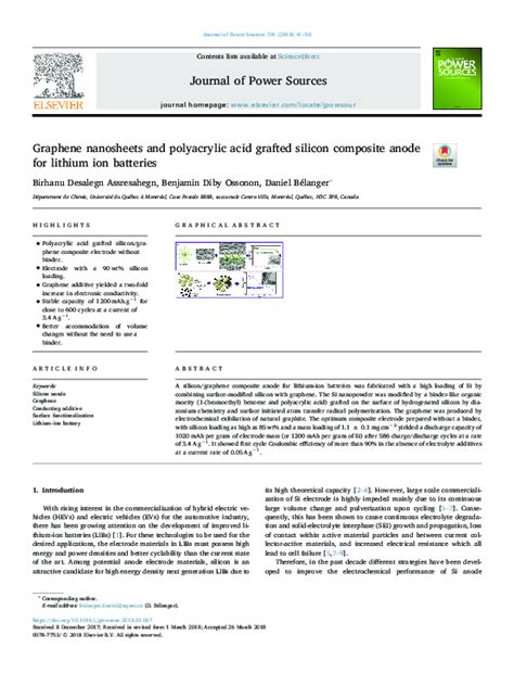 Pdf Graphene Nanosheets And Polyacrylic Acid Grafted Silicon Composite Anode For Lithium Ion