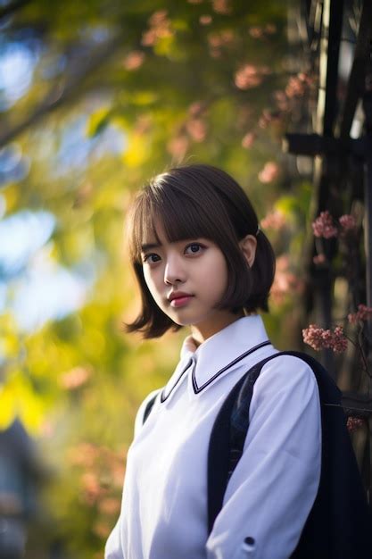 Retrato De Una Hermosa Chica Japonesa Con El Pelo Corto Vistiendo Uniforme Escolar Imagen