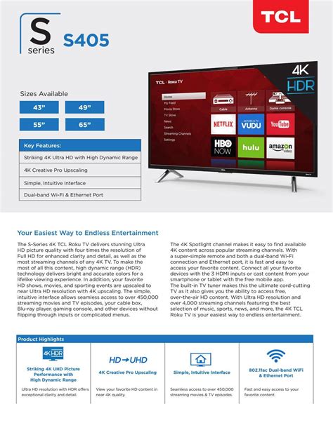 Tcl 4k Roku Tv 65 Inch 65s425 Specification Sheet By Rcaproducts Issuu