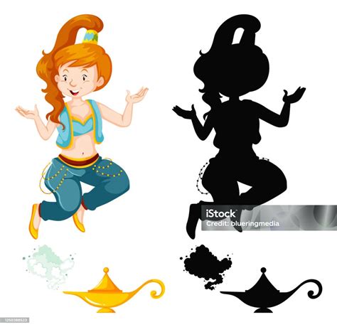 지니 걸 매직 랜턴 또는 알라딘 램프 색상과 실루엣은 흰색 배경에 고립 램프의 요정 지니에 대한 스톡 벡터 아트 및 기타 이미지 램프의 요정 지니 고대의 귀여운