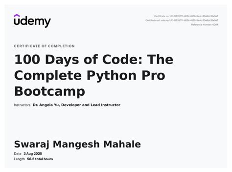 Finally Completed My Certification For 100 Days Of Code The Complete Python Pro Bootcamp From