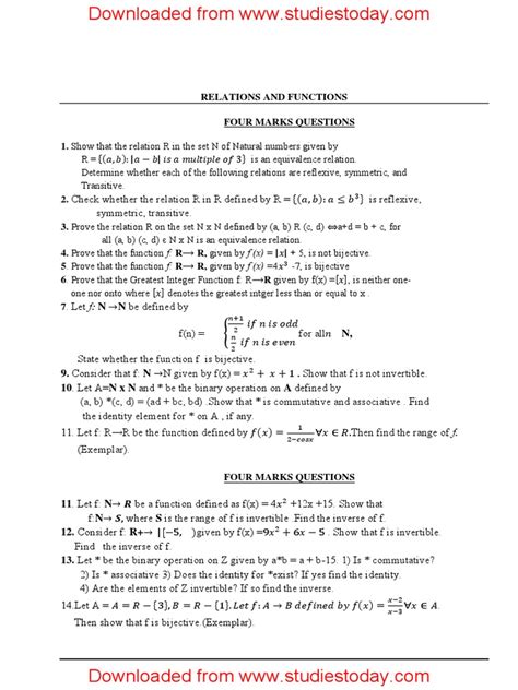 Cbse Class 12 Mathematics Relations And Functions Pdf