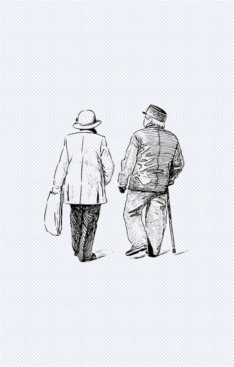 素描画老人背影PNG 素描画 老人背影 老夫妻 png 卡通元素 手绘 卡通