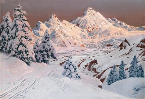 阳光下的雪山风景油画 图品汇
