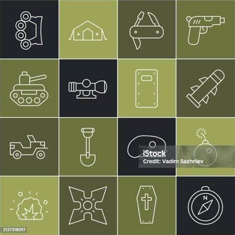 세트 라인 나침반 폭발 준비 폭탄 로켓 스위스 군용 칼 스나이퍼 광학 조준경 군용 탱크 황동 너클 및 돌격 방패 아이콘 벡터 건강 진단에 대한 스톡 벡터 아트 및 기타