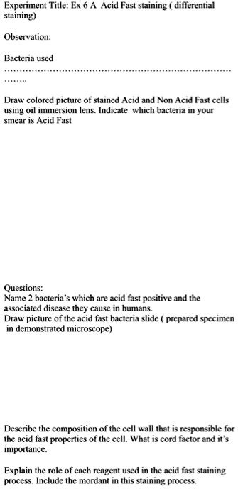 Solved Experiment Title Ex Staining Acid Fast Staining Diflerential Observation Bactcria