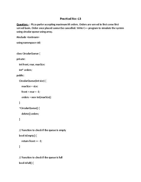 C Practical No 13 Circular Queue Simulation For Pizza Orders Studocu