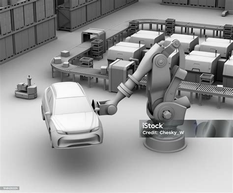 조립 공장에 흰색 Suv를 들고 헤비 급 로봇 팔의 클레이 렌더링 이미지 3차원 형태에 대한 스톡 사진 및 기타 이미지 3차원 형태 배달 산업용 로봇팔 Istock