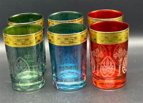 Six Timon 4” Glasses Made In Italy Gold Red Teal And Green Etsy